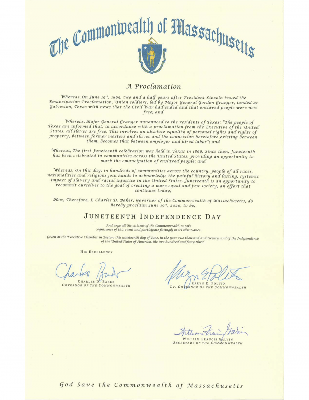 Governor Baker Issues Proclamation Marking Juneteenth – The Reading Post